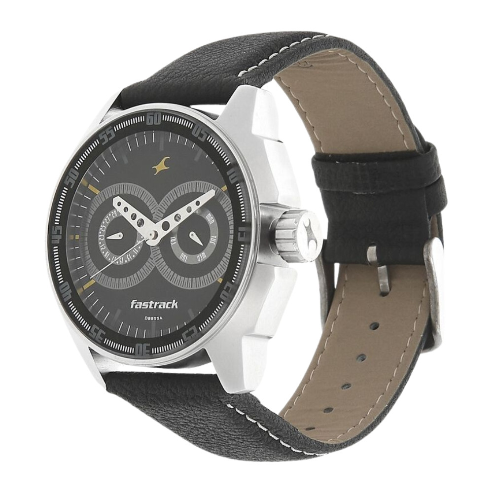 Fastrack Quartz Multifunction Black Dial Leather Strap Watch for Guys ...