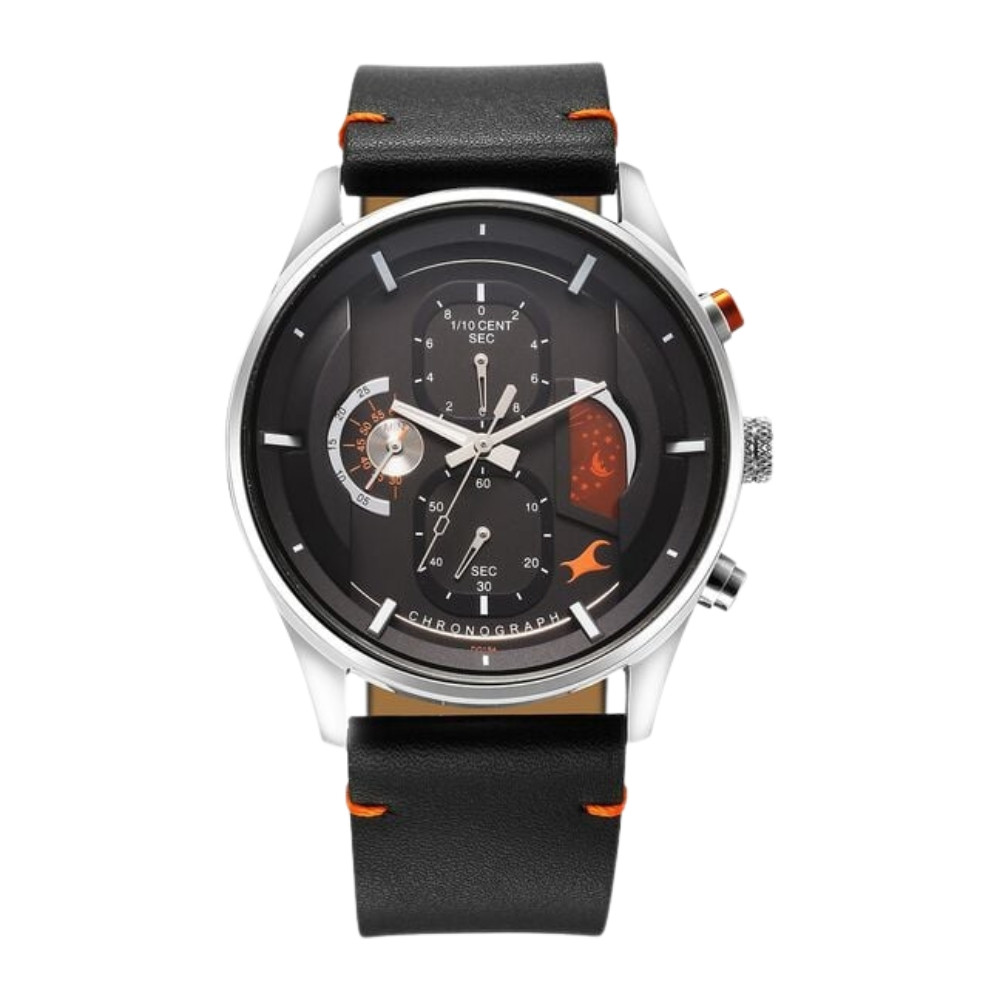 Fastrack Opulence Sun Moon Chronograph Black Dial Black Leather Strap ...