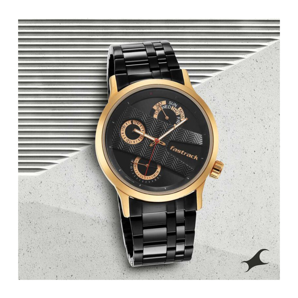 Fastrack Exuberant Quartz Analog Black Dial Metal Strap Watch for Guys ...